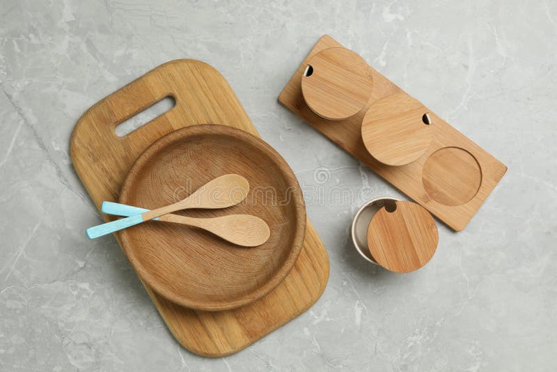 Wooden Cooking Utensils on Grey Marble Table, Flat Lay Stock Photo ...