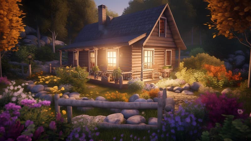 Wooden Cottage in the Garden at Sunset,3d Render. Stock Illustration ...