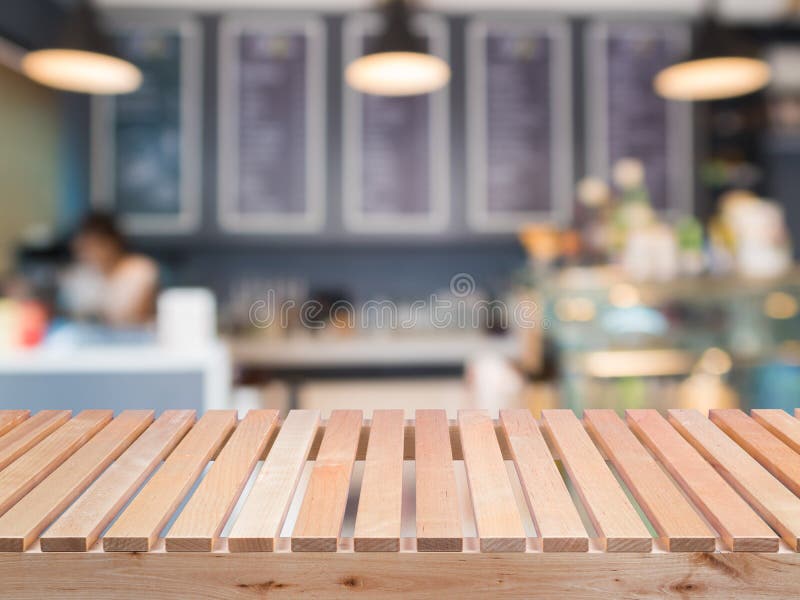 Wooden Counter with Coffee Shop Background Stock Image - Image of ...