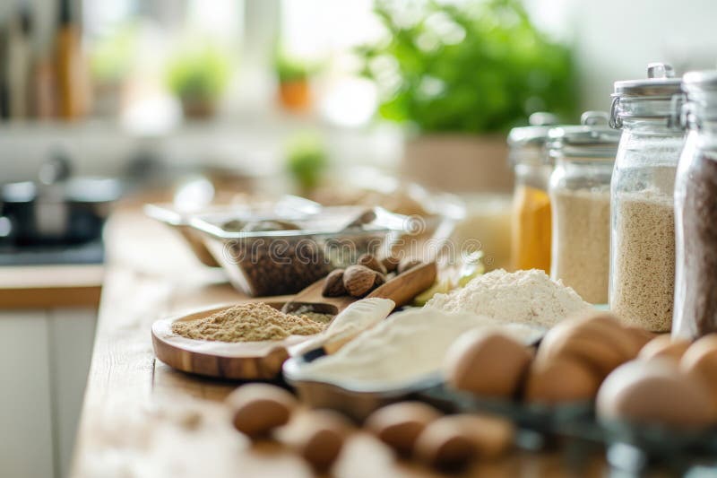 A Wooden Counter Filled with Various Types of Food Stock Photo - Image ...