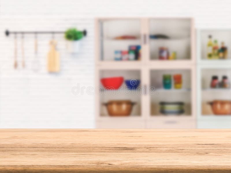 Wooden Counter with Kitchen Cabinet Background Stock Image - Image of ...