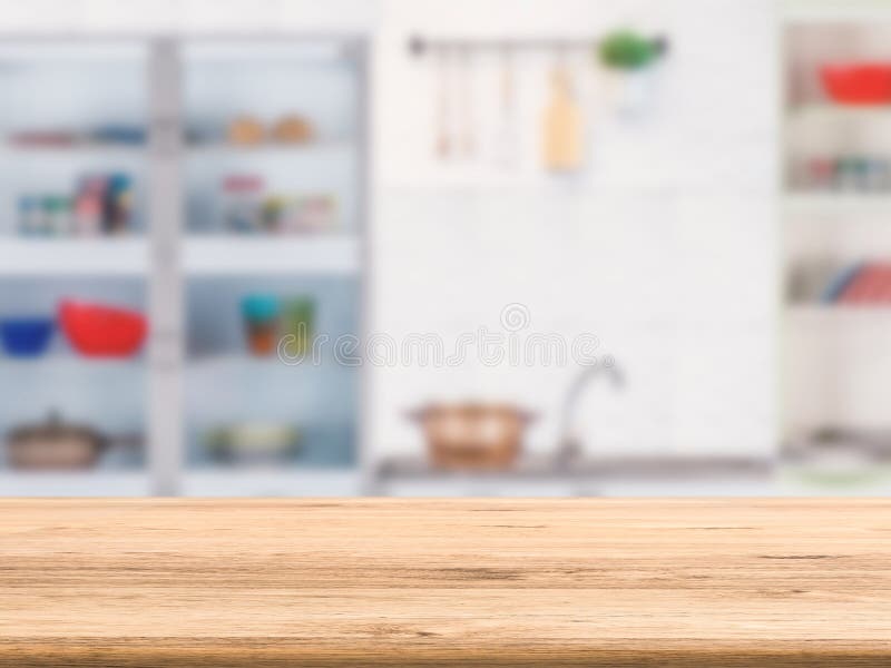 Wooden Counter with Kitchen Cabinet Background Stock Image - Image of ...