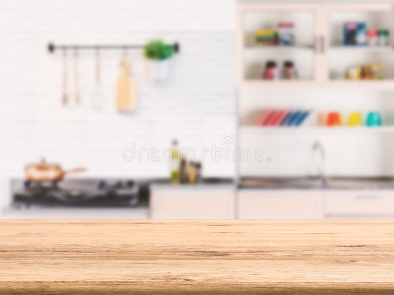 Wooden Counter with Kitchen Cabinet Background Stock Image - Image of ...