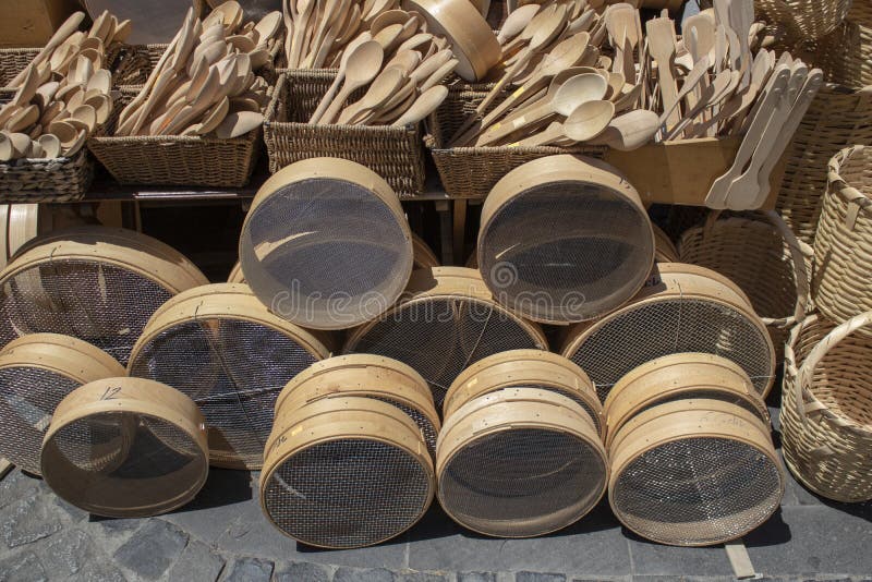 On the Wooden Counter There are Kitchenware and Sieves Stock Photo ...