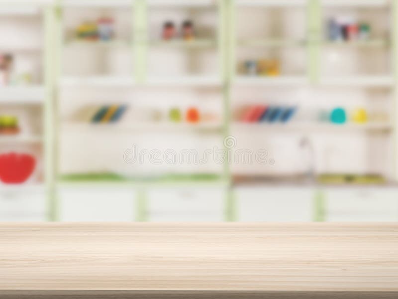 Wooden Counter Top with Kitchen Background Stock Photo - Image of table ...
