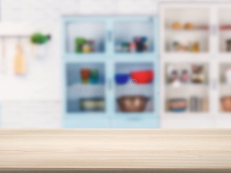 Wooden Counter Top with Kitchen Background Stock Photo - Image of ...