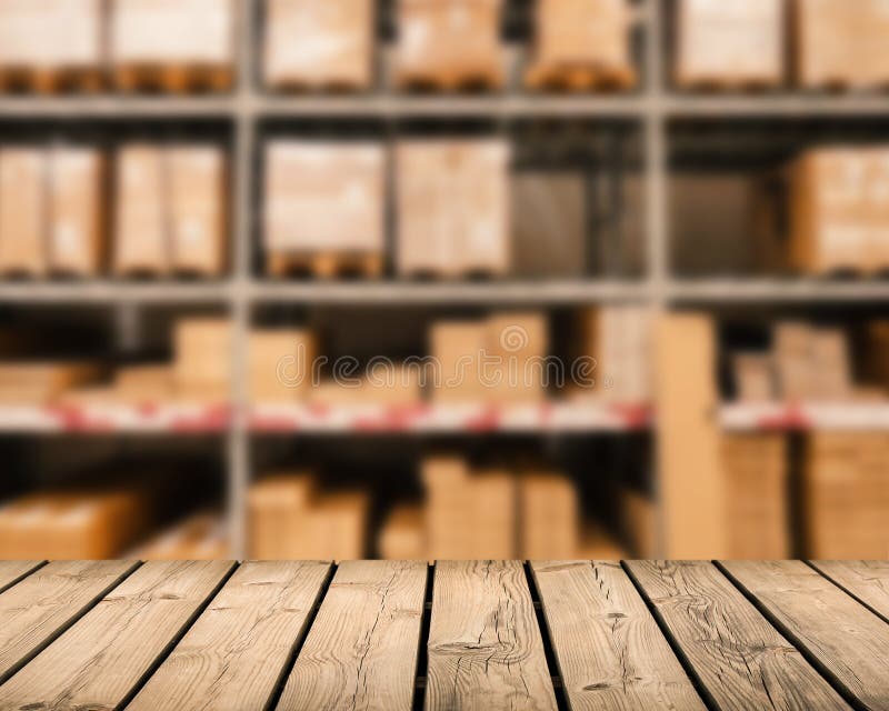 Wooden Counter with Warehouse Background Stock Image - Image of ...