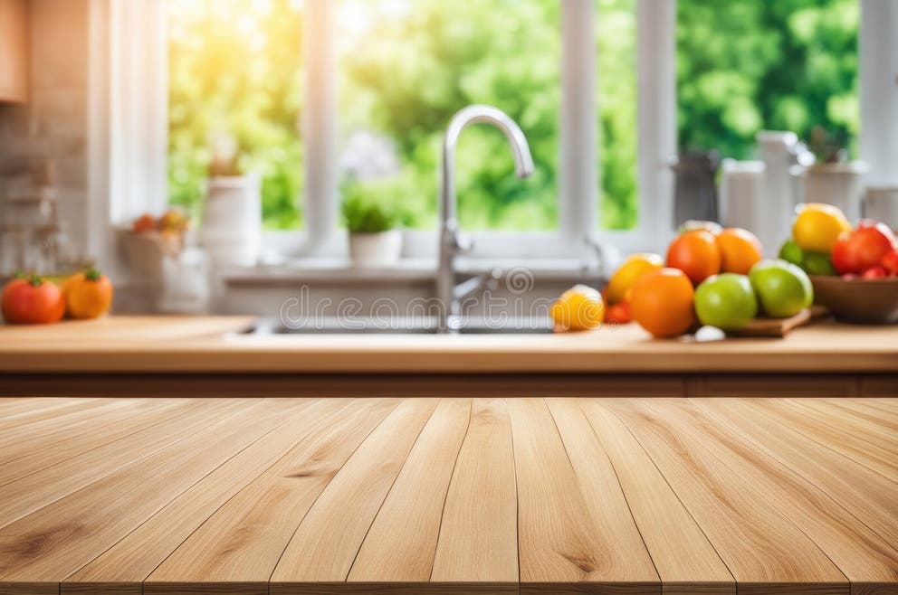 Wooden Countertop with Blurred Kitchen Window Stock Image - Image of ...