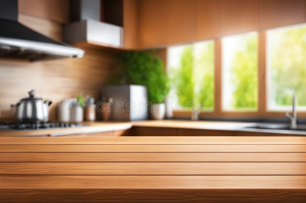 Wooden Countertop with Blurred Kitchen Window Stock Photo - Image of ...