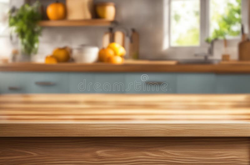 Wooden Countertop with Blurred Kitchen Window Stock Photo - Image of ...