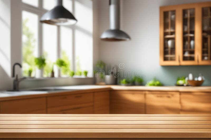 Wooden Countertop with Blurred Kitchen Window Stock Image - Image of ...