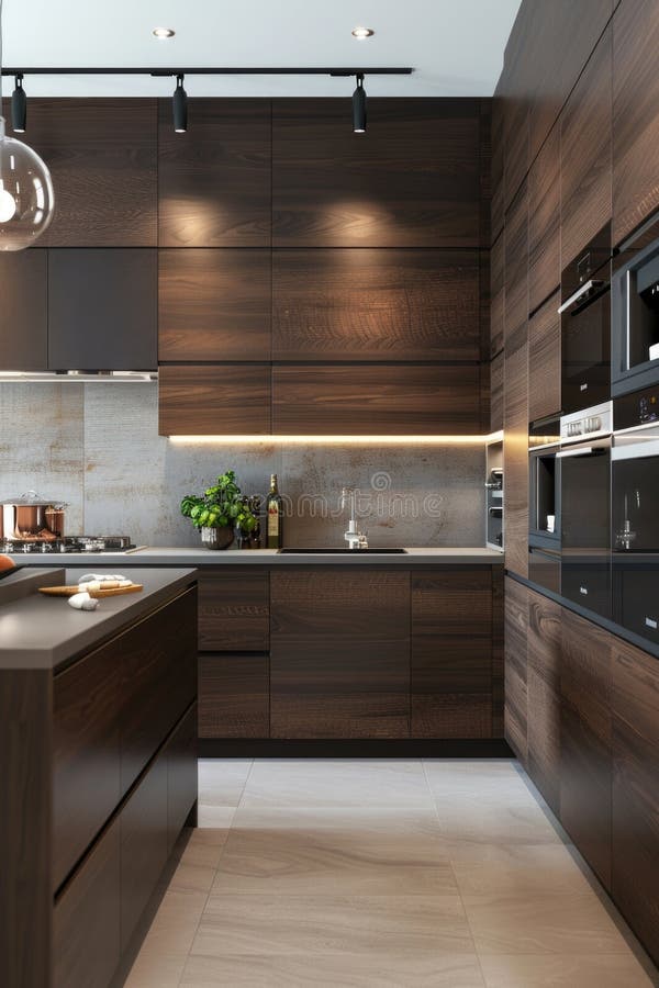 Wooden Countertop and Brown Cabinets in a Cozy Kitchen Setting Stock ...