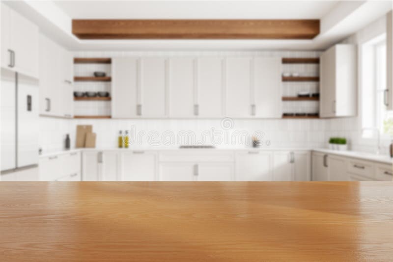 Wooden Countertop is Shown with a Blurred Modern Kitchen Background ...