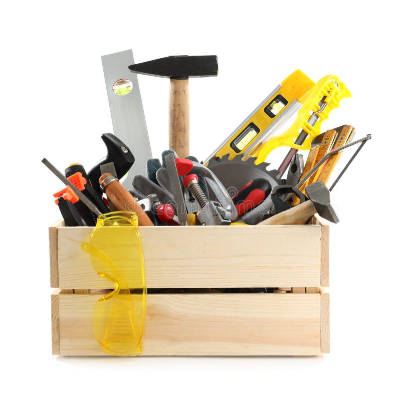 Wooden Crate with Different Carpenter`s Tools Isolated Stock Photo ...