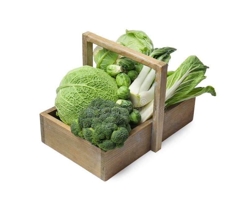 Wooden Crate with Different Types of Fresh Cabbage on White Background ...