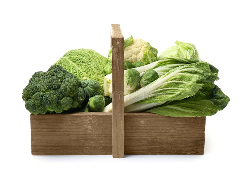 Wooden Crate with Different Types of Fresh Cabbage on White Background ...