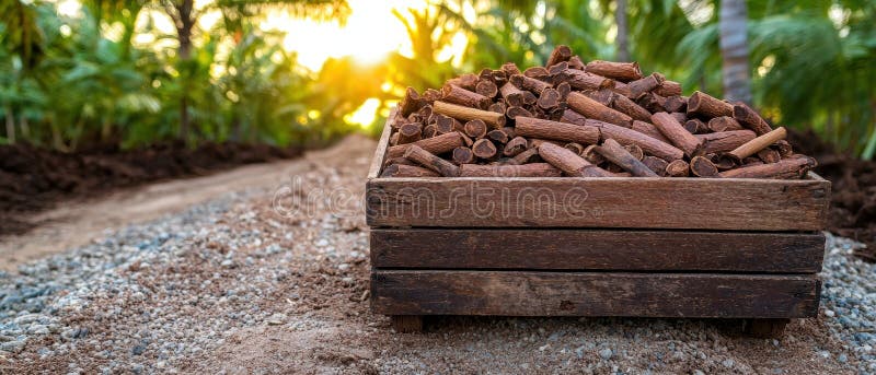 Wooden Crate Filled with Cinnamon Sticks on a Gravel Path. Stock ...