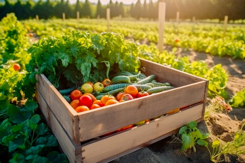 Wooden Crate Filled with Lots of Different Types of Vegetables in Field ...