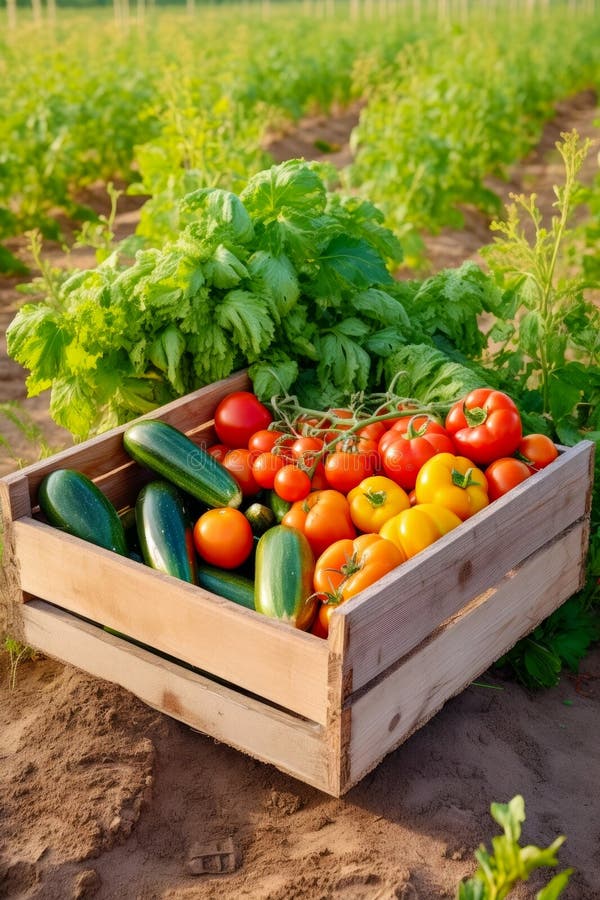Wooden Crate Filled with Lots of Different Types of Vegetables in Field ...