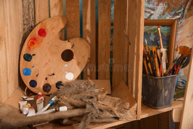 Wooden Crate with Paints and Tools in Artist S Workshop Stock Photo ...
