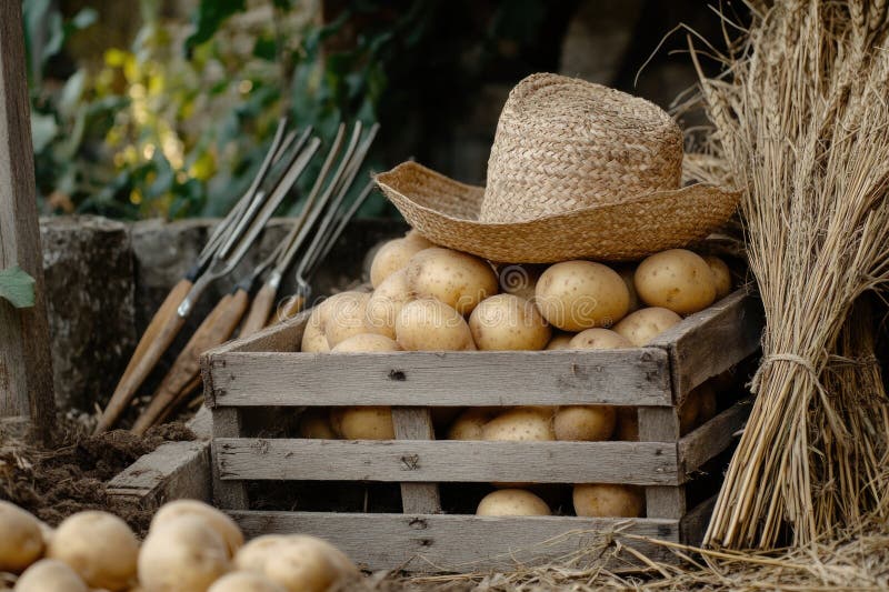 Wooden Crate with Potatoes and Straw Hat Stock Image - Image of crate ...
