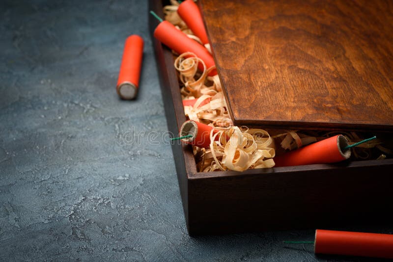 Wooden Crate with Red Dynamite Firecracker Tnt Sticks on Table Stock ...
