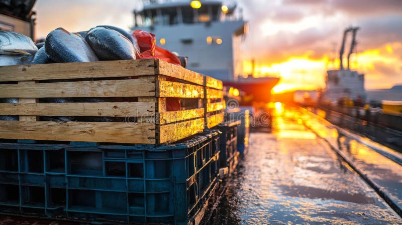 Wooden Crates Filled with Fresh Fish at Sunset on a Dock Stock ...