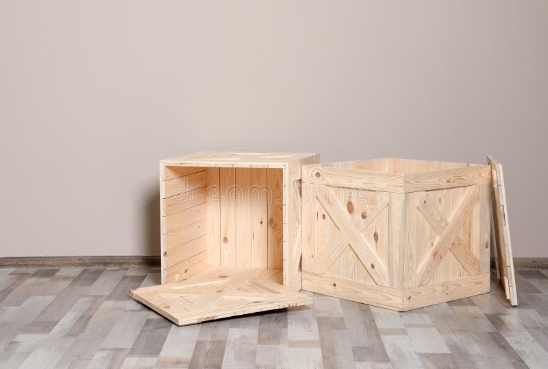 Wooden Crates on Floor at Beige . Space for Text Stock Photo - Image of ...