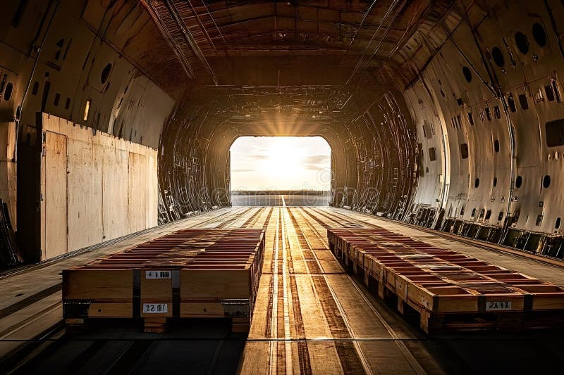 Cargo Plane Being Loaded with Wooden Crates at Sunset Stock Photo ...