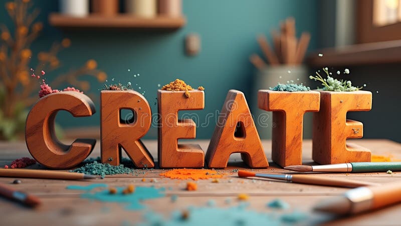 Wooden CREATE Letters with Digital Paint Splatters on Workshop ...