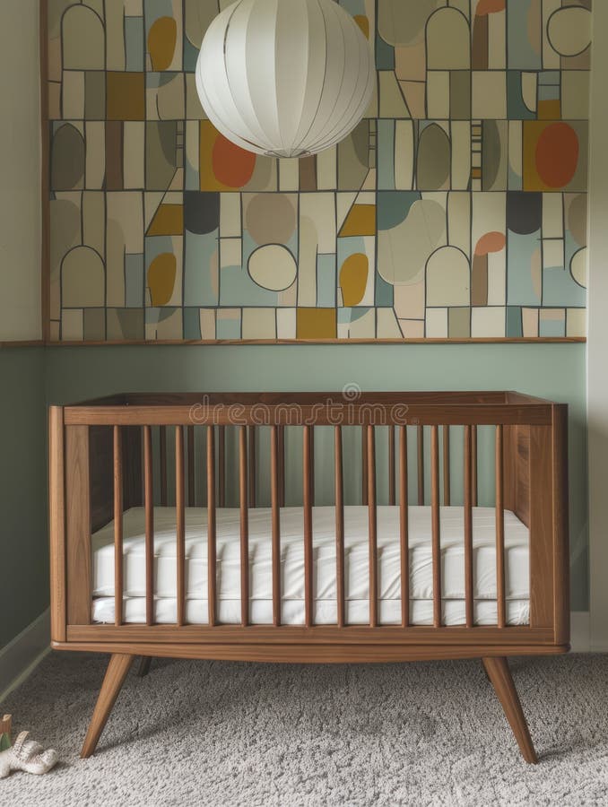 Wooden Crib in a Modern Nursery with Geometric Wall Art Stock Image ...