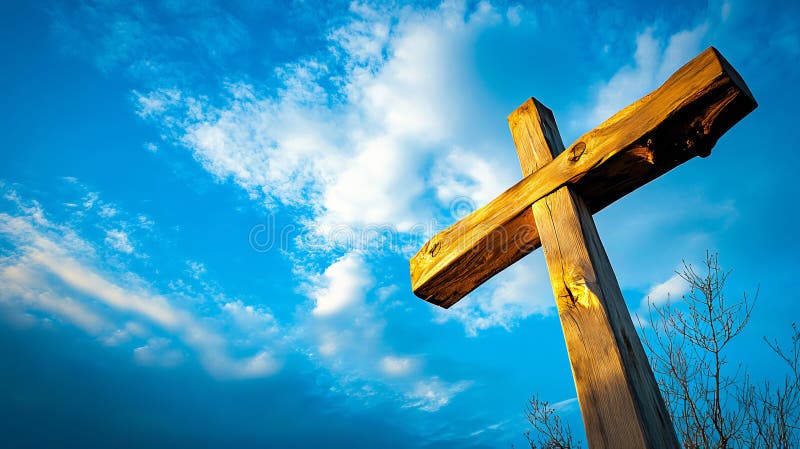 A Wooden Cross Against a Blue Sky with Clouds Stock Photo - Image of ...