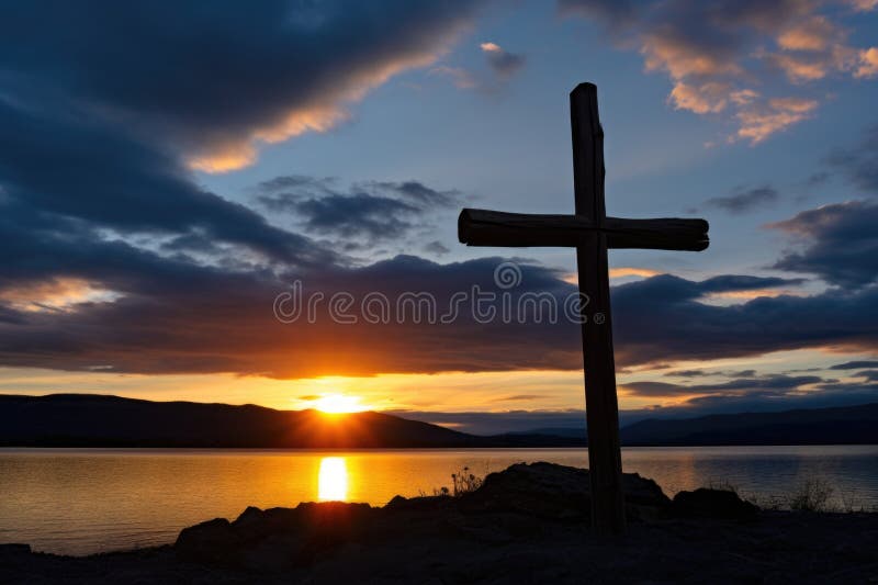A Wooden Cross Against a Dramatic Sunset Backdrop Stock Illustration ...