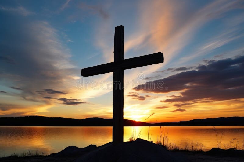 A Wooden Cross Against a Dramatic Sunset Backdrop Stock Illustration ...