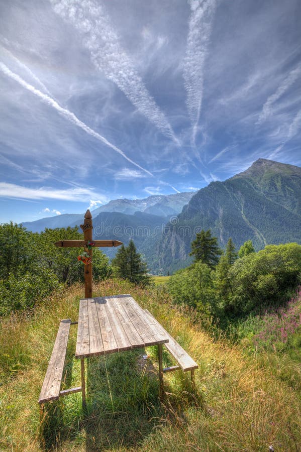 Wooden Cross on Alpine Meadow. Stock Image - Image of alpine, europe ...
