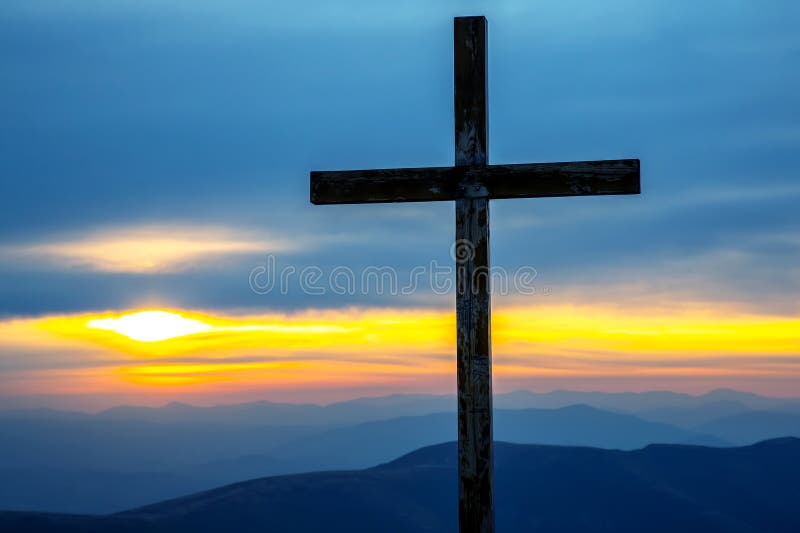 Wooden Cross on a Background of Sunrise in the Mountains Stock Image ...