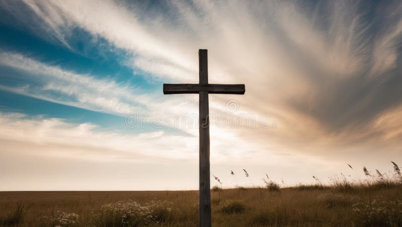 Wooden Cross in Field Under Dramatic Cloudy Sky. Stock Image - Image of ...
