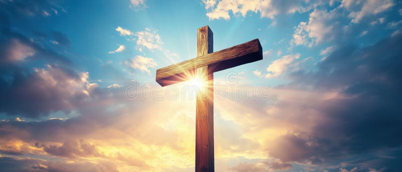 Wooden Cross Glowing at Sunrise with Dramatic Sky Stock Image - Image ...