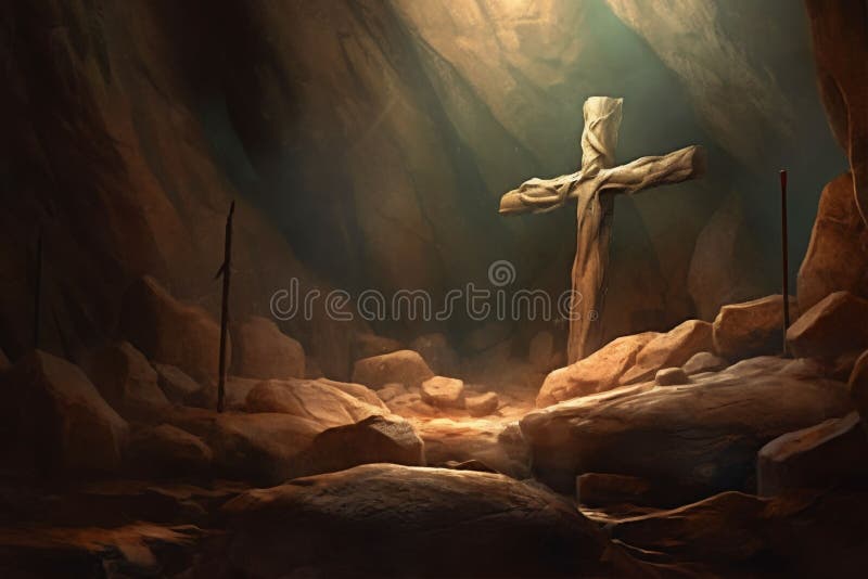 Wooden Cross on a Pile of Rocks Illuminated from the Light Streaming ...