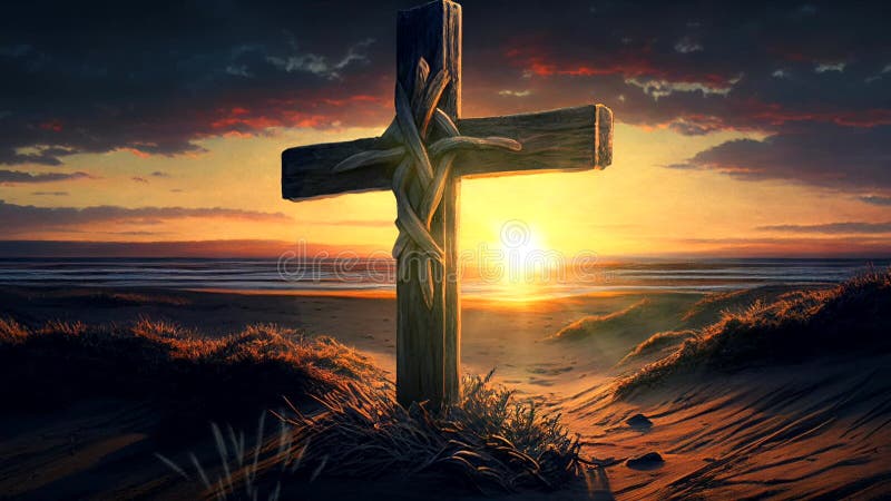 Wooden Cross. Religious Symbol. Animation of the Sky and the Rays of ...