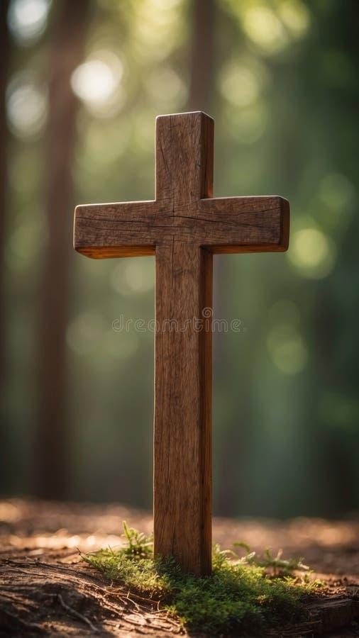 Wooden Cross in Serene Forest Landscape with Dappled Sunlight. Stock ...