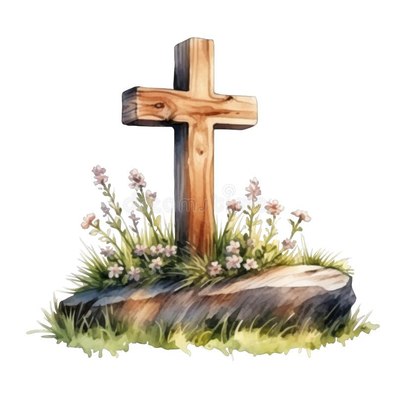 Wooden Cross on a Stone with Flowers and Grass Stock Photo ...