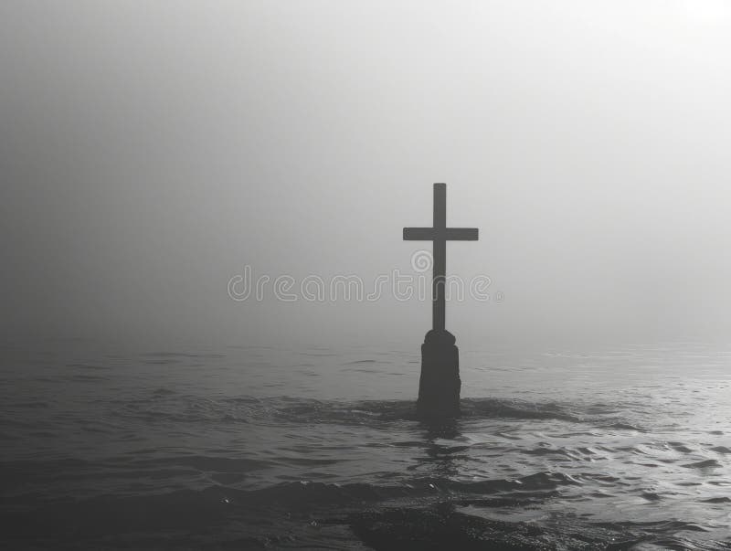 A Wooden Cross Submerged in the Surface of Calm Water Stock Photo ...