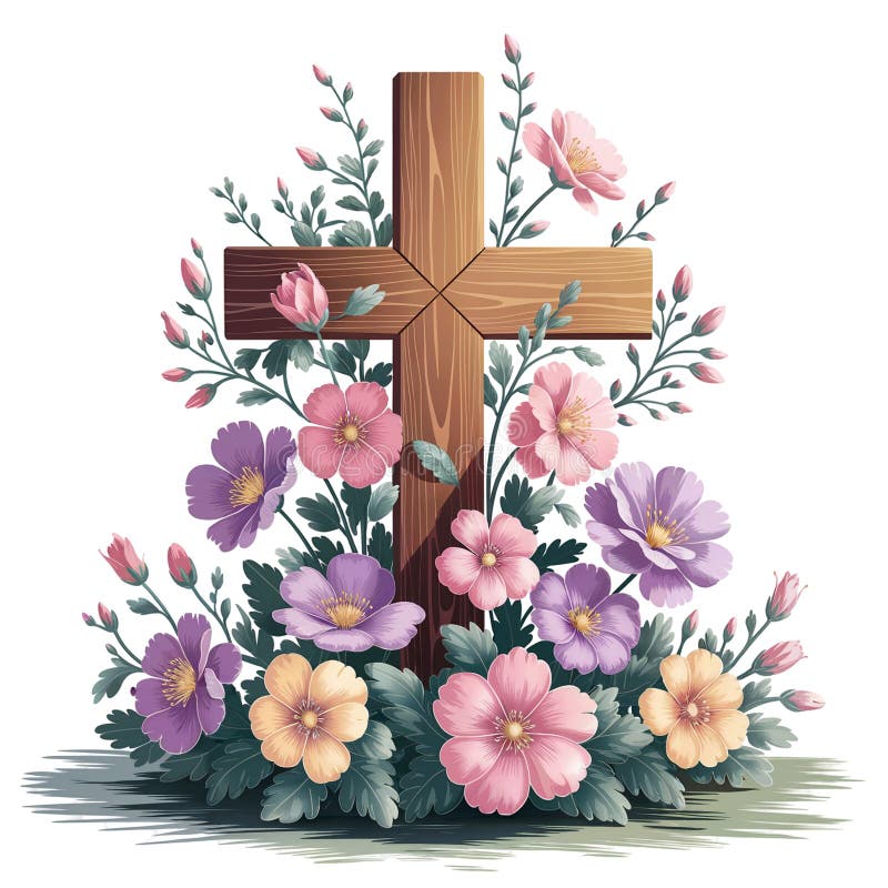 A Wooden Cross is Surrounded by an Array of Colorful, Blooming Flowers ...