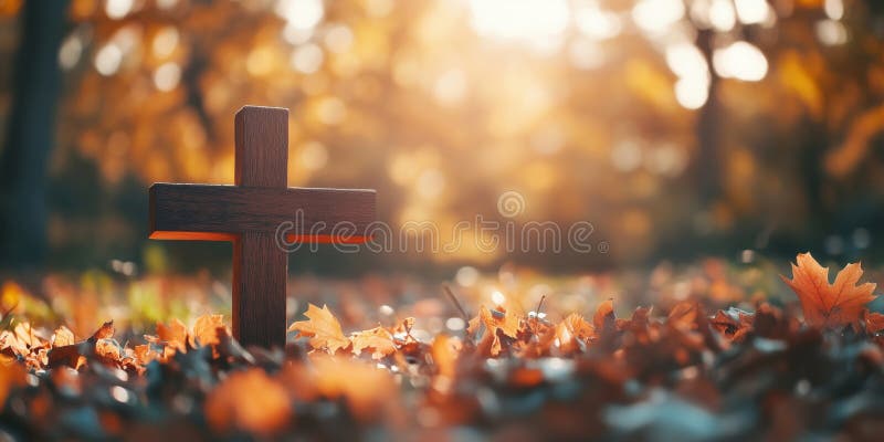 Wooden Cross Surrounded by Autumn Leaves in Soft Sunlight Stock Photo ...