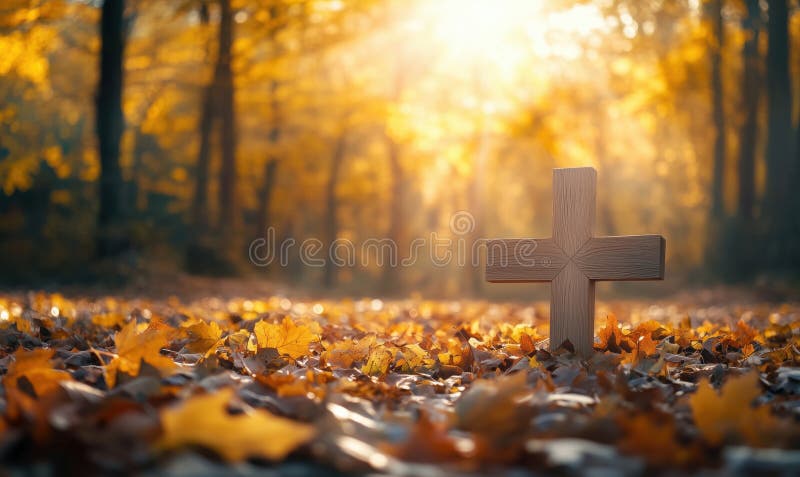 Wooden Cross Surrounded by Autumn Leaves in a Sunlit Forest Setting ...