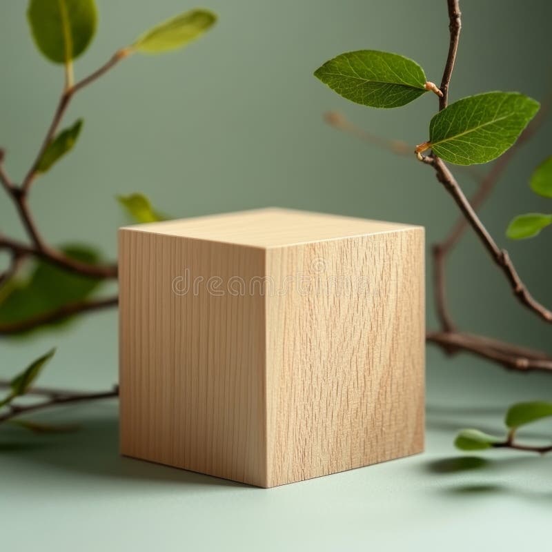 Wooden Cube on the Background of Green Leaves. Vector Illustration ...