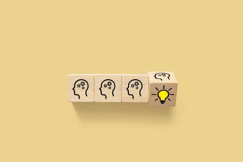 Wooden Cube Block with Head Human Symbol and Light Bulb Icon Stock ...
