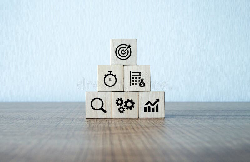 Wooden Cube Block Stacking with Icon on Blue Background. Concept of ...