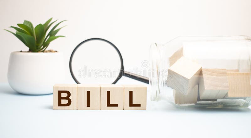 Wooden Cube Block with Text BILL on Blue Background Stock Photo - Image ...
